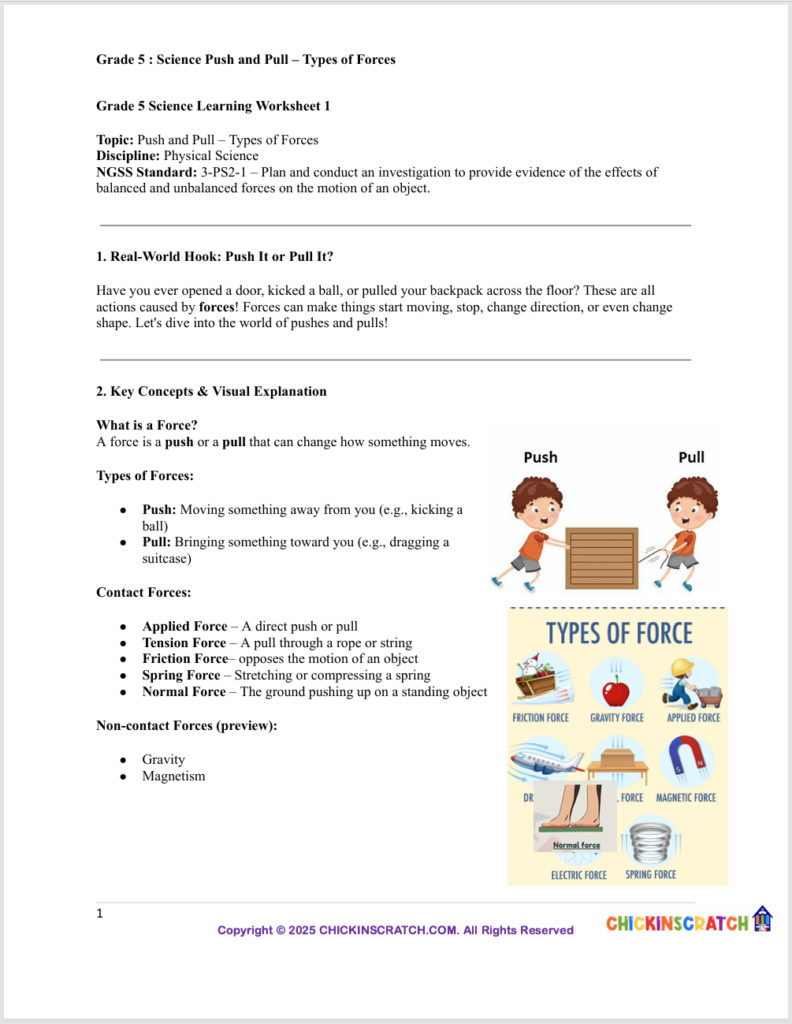 Grade 5 Science Push and Pull Forces Worksheets