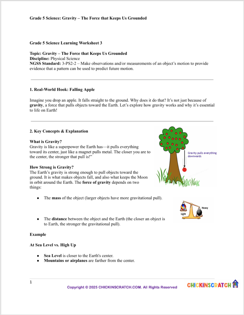 Grade 5 Science Reading Gravity Worksheets