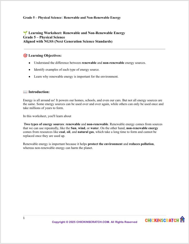Grade 5 Physical Science Reading: Renewable and Non-Renewable Energy ...