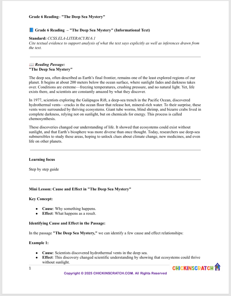Grade 6 Reading The Deep Sea Mystery Worksheet
